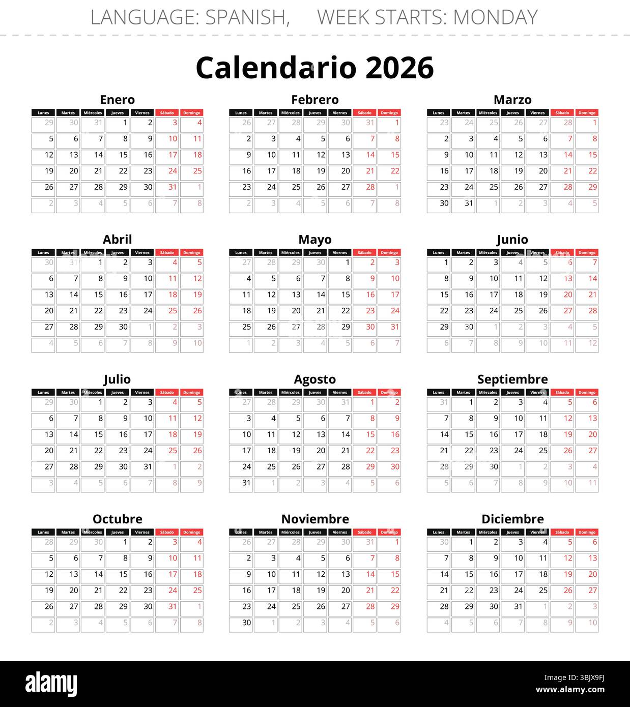 2026 vertical spanish calendars. Calendario. Printable vector ...
