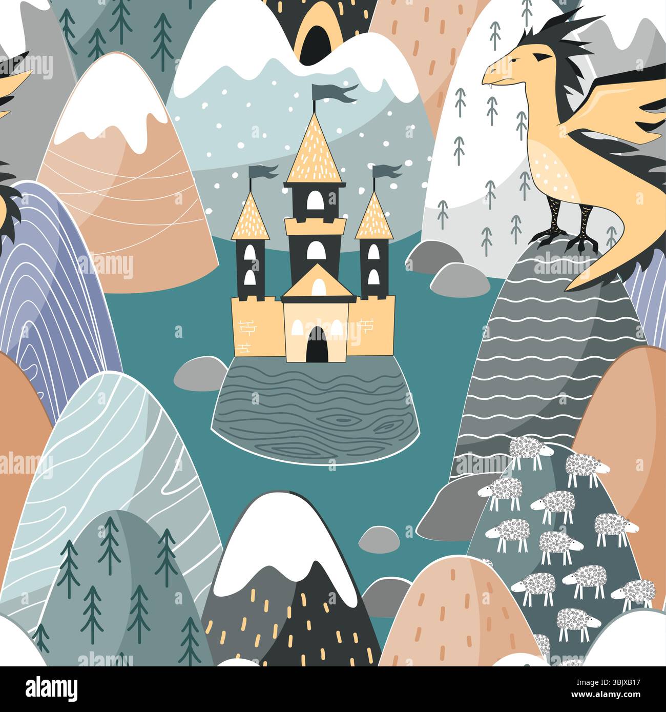 Fairy tale seamless pattern with cute dragon, magic castle, and ...