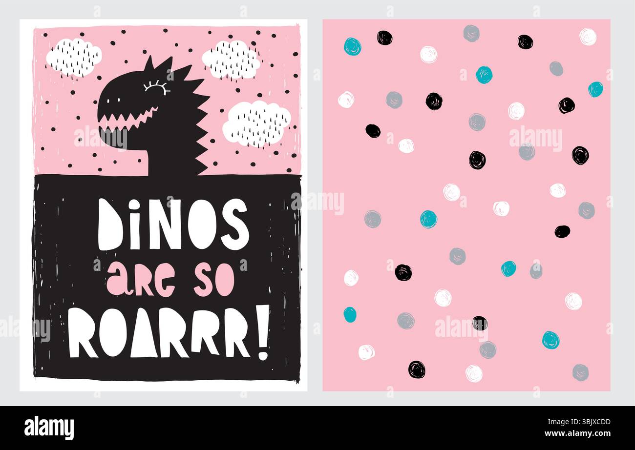 Cute Abstract Black Dinosaur And Polka Dots On A Pink Backgound ...
