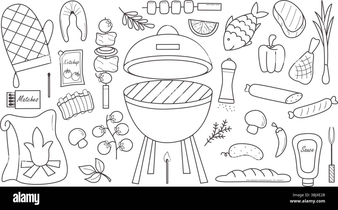 Set of Sunday summer picnic doodle sketch style Stock Vector Image ...