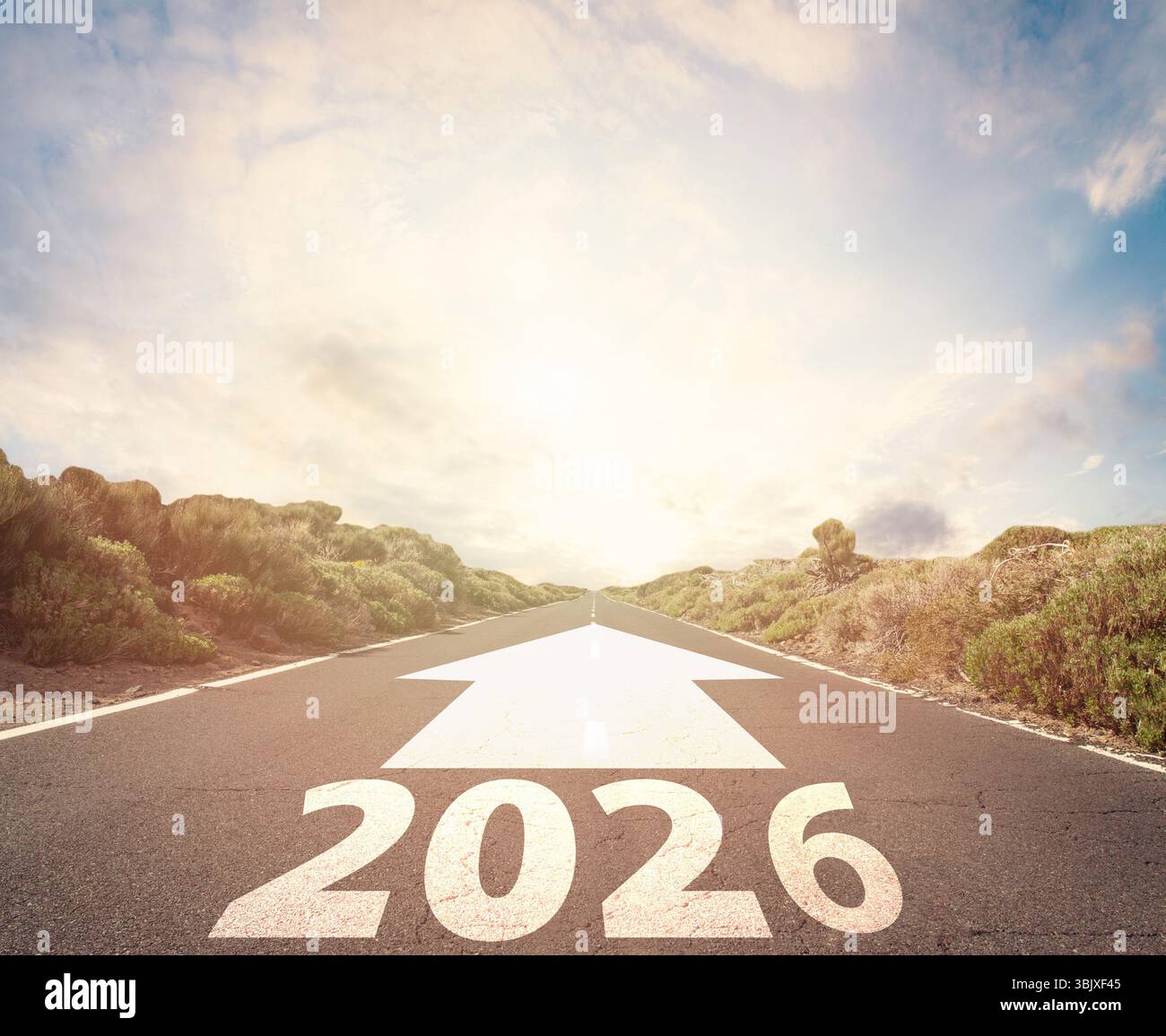 Empty road to 2026 year. Road with written 2026 and arrow pointing towards the horizon, future ...