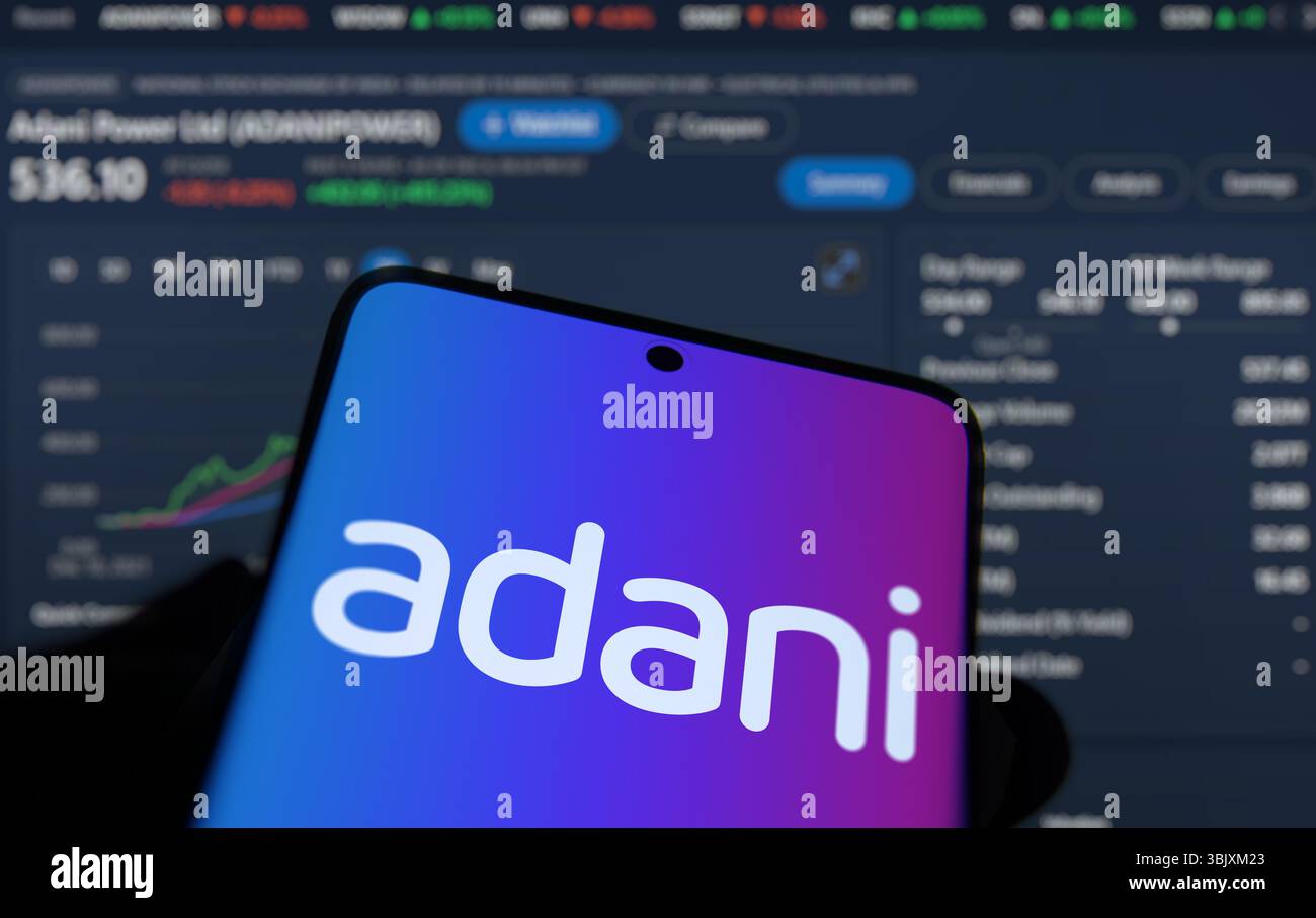 Dhaka, Bangladesh- 0 Dec 2024: Adani logo is displayed on smartphone. Adani Group is an Indian ...