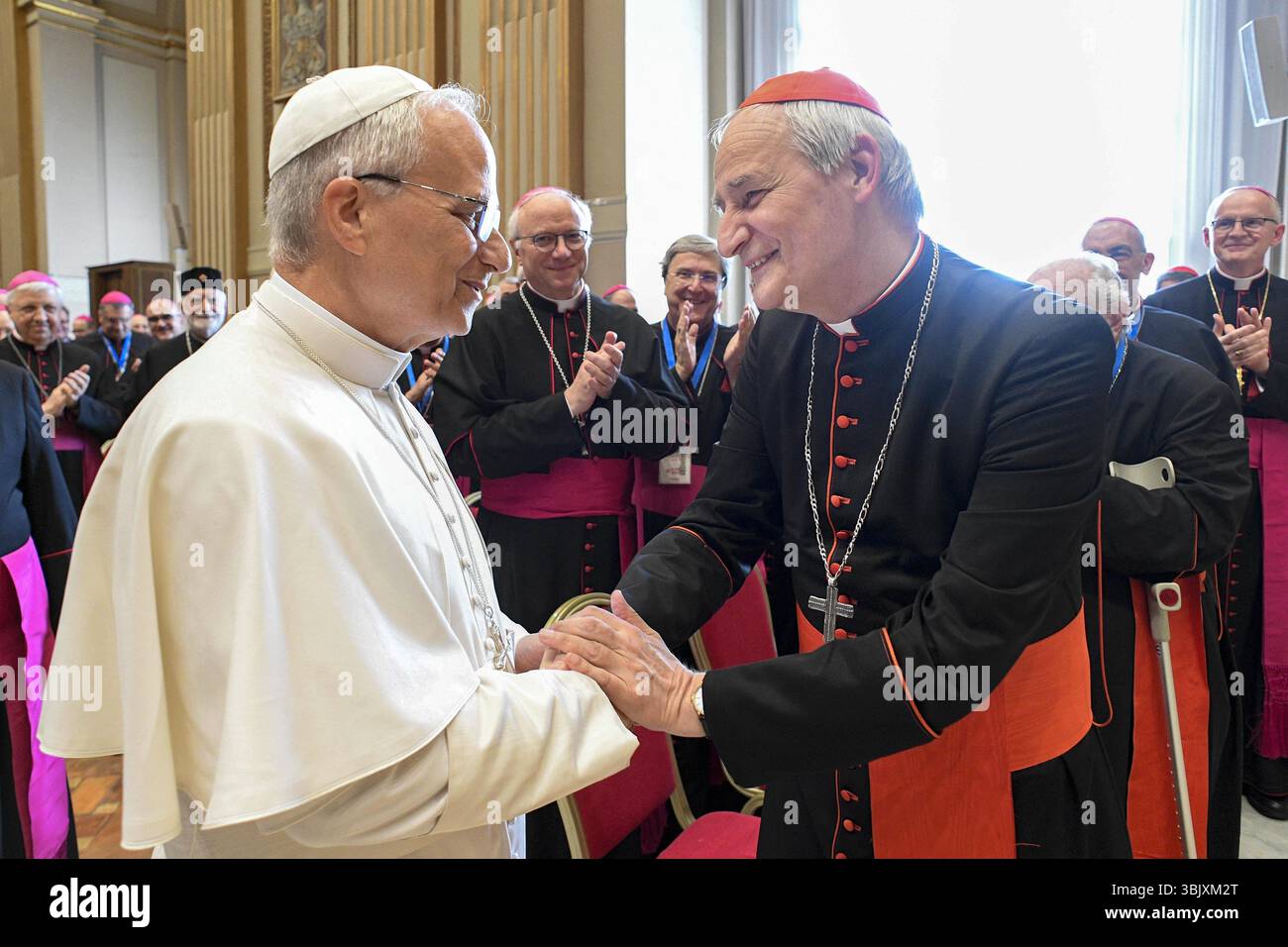 Pope Leo XIV greets cardinal Matteo Maria Zuppi during a meeting with ...