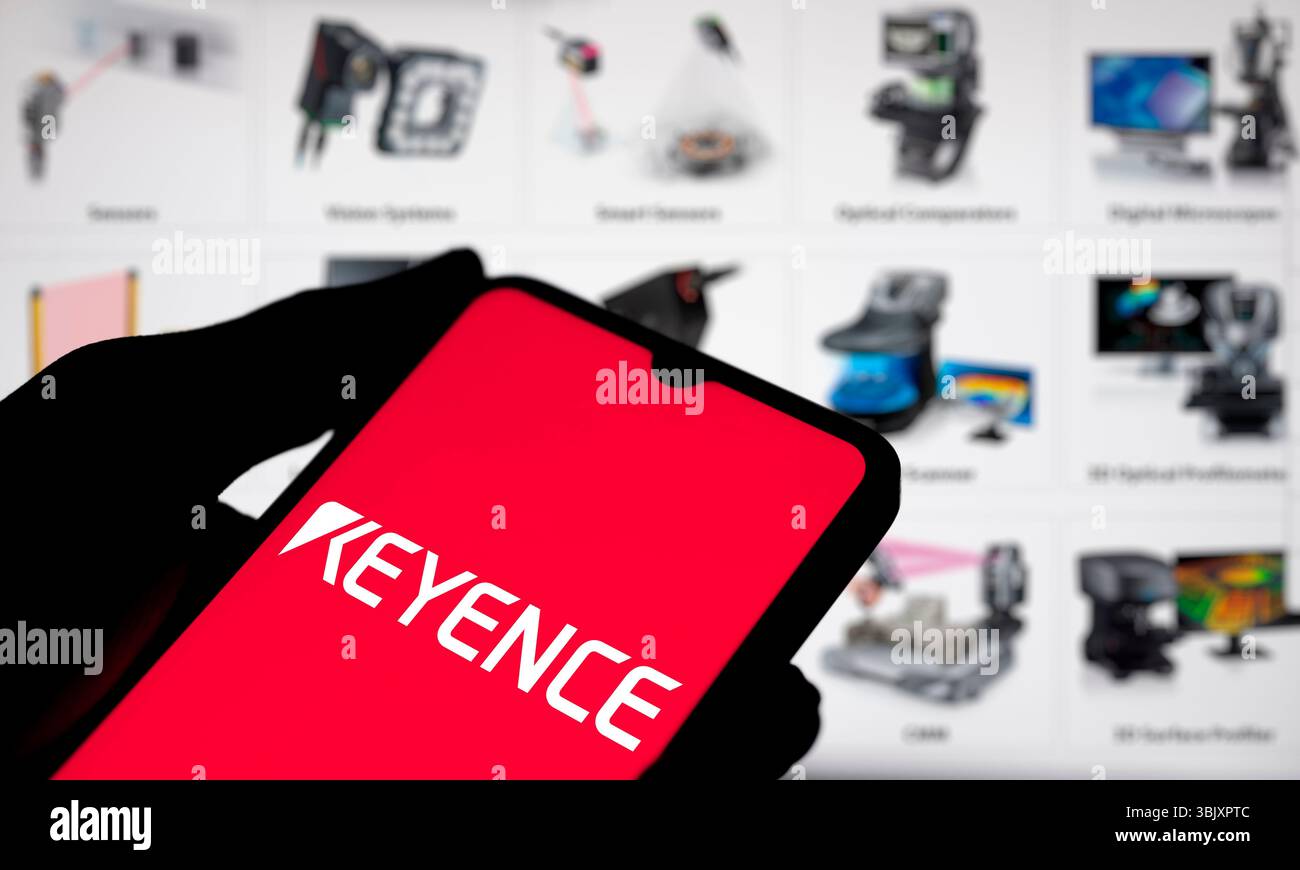 Dhaka, Bangladesh- 10 Dec 2024: Keyence logo is displayed on smartphone ...