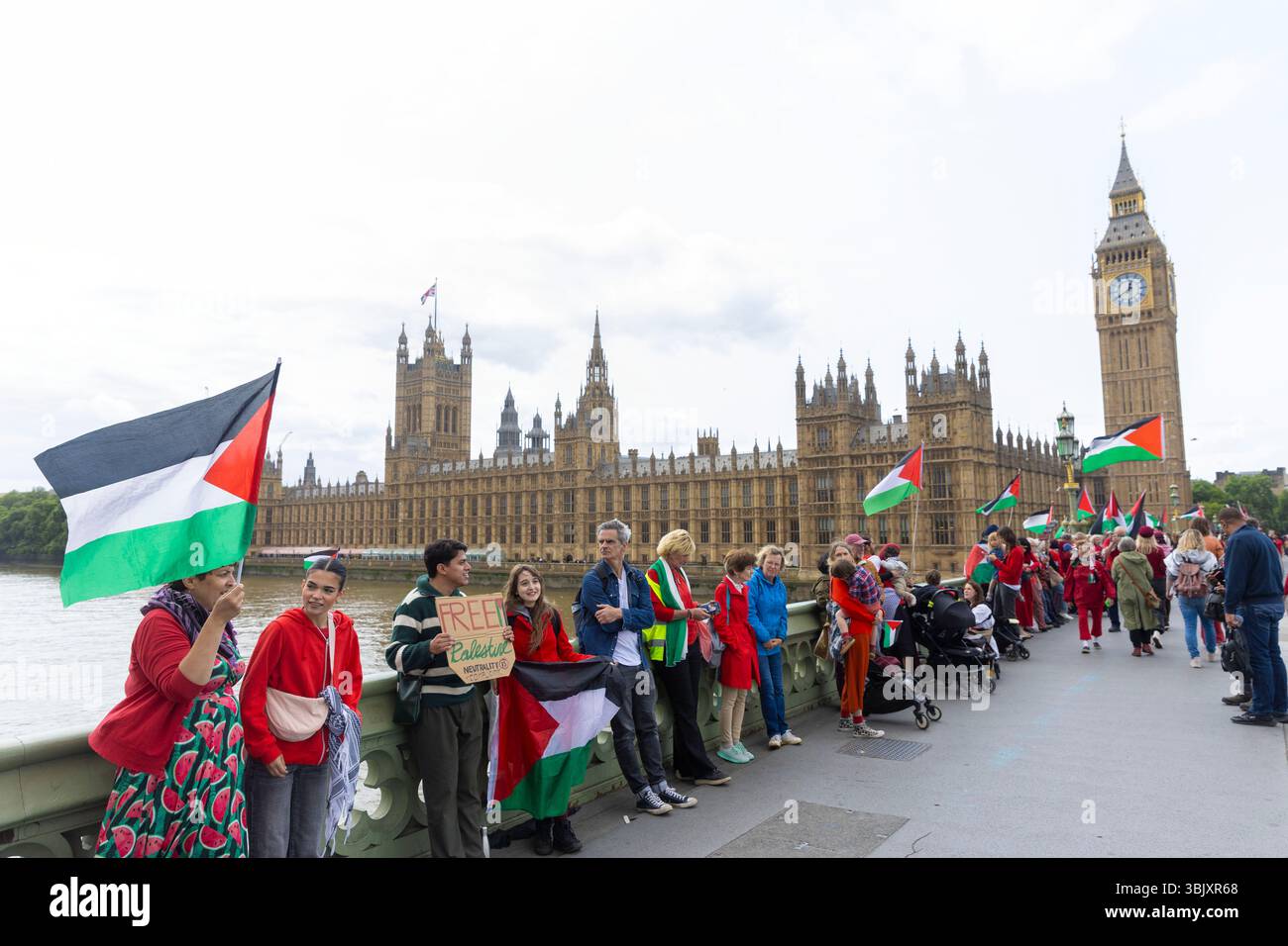Pro-Palestinian protesters wearing red create a red line for Palestine ...
