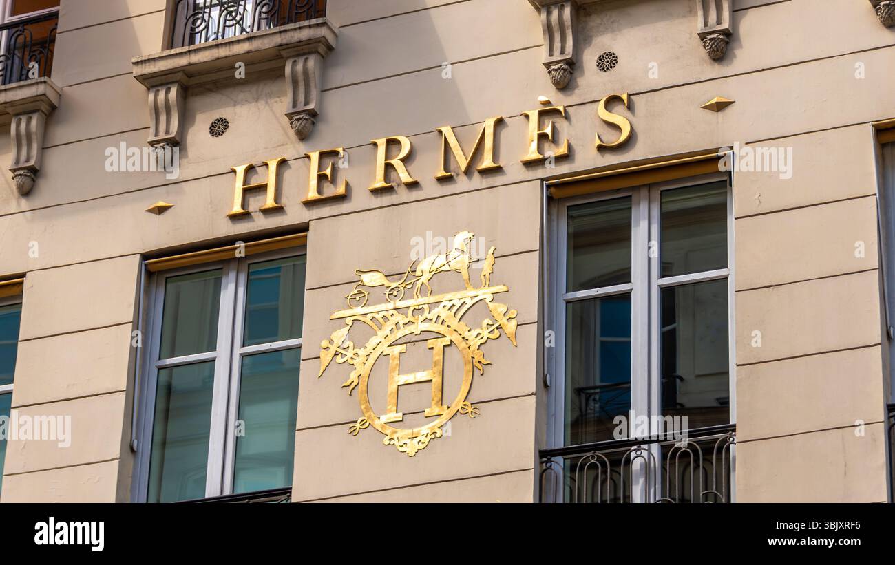 Sign and logo on the Hermes International headquarters. Hermes is a ...