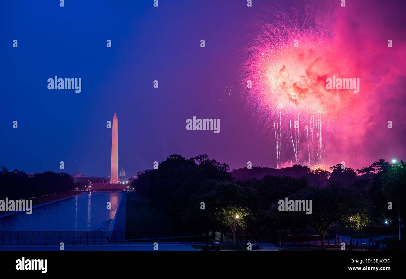 Pink fireworks explode over the National Mall at night with the ...
