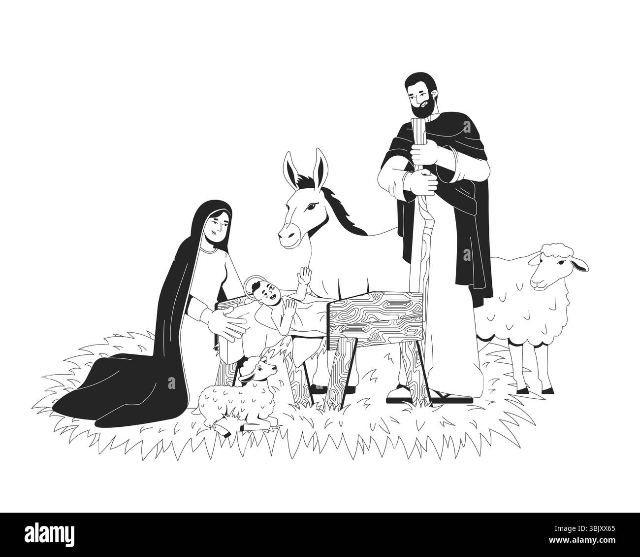 Nativity with baby Jesus and family 2D line bible characters Stock ...