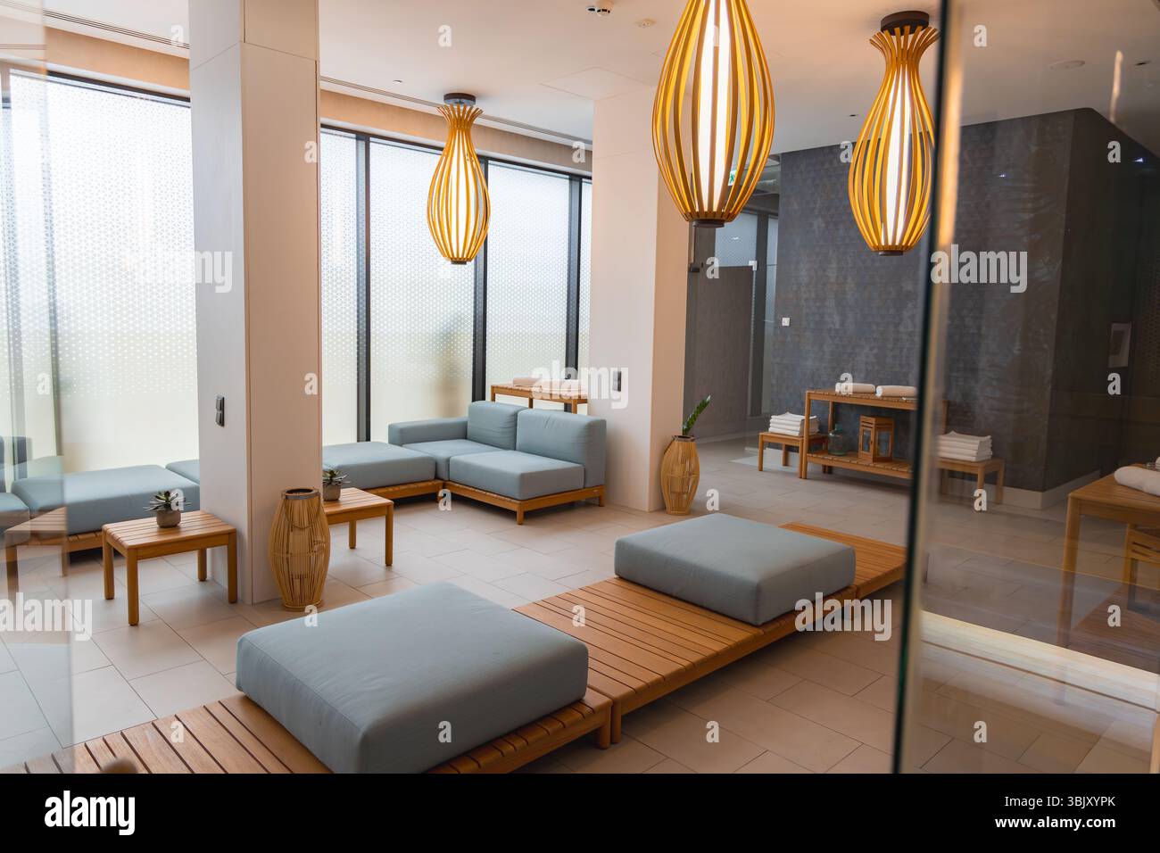 Modern Spa Interior with Wooden Furniture and Sauna Area Stock Photo - Alamy