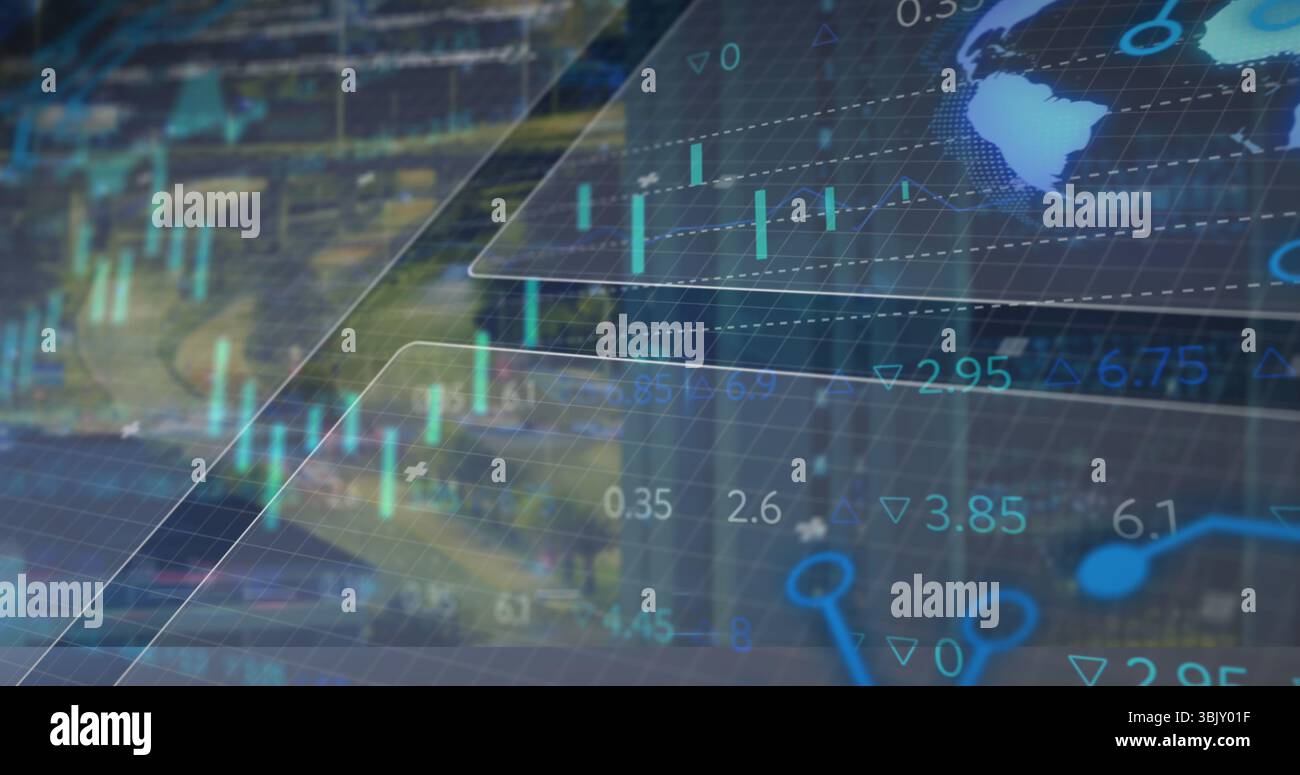Data panels displaying on online dashboard, with candlestick charts, numeric overlays and world ...