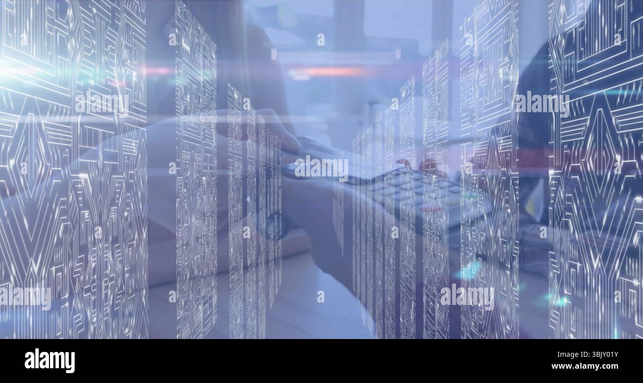 Typing IT professional blending laptop hardware with data overlays in ...