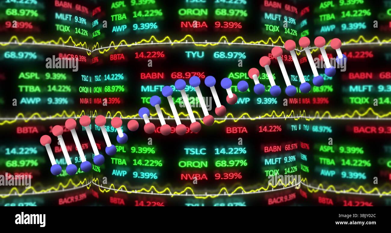 Displaying stylized DNA helix model floating on data screen, with stock ...
