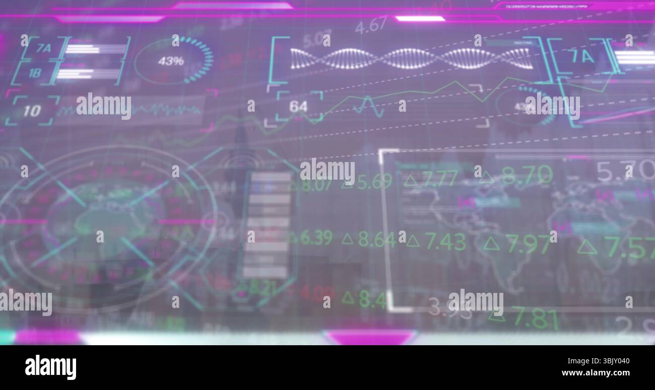 Displaying holographic data interface in command center, with waveform charts and percentage ...