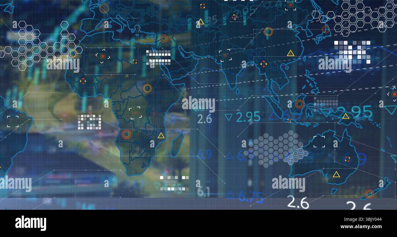 Displaying digital world map overlaying grid in interface, with hexagon patterns and numbers ...