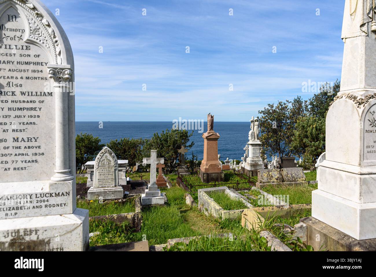 Headstones overlooking the Pacific Ocean in Waverley Cemetery in Sydney ...