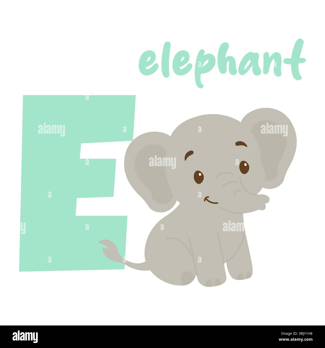 Cute baby elephant sitting next to big letter E in pastel colors for ...