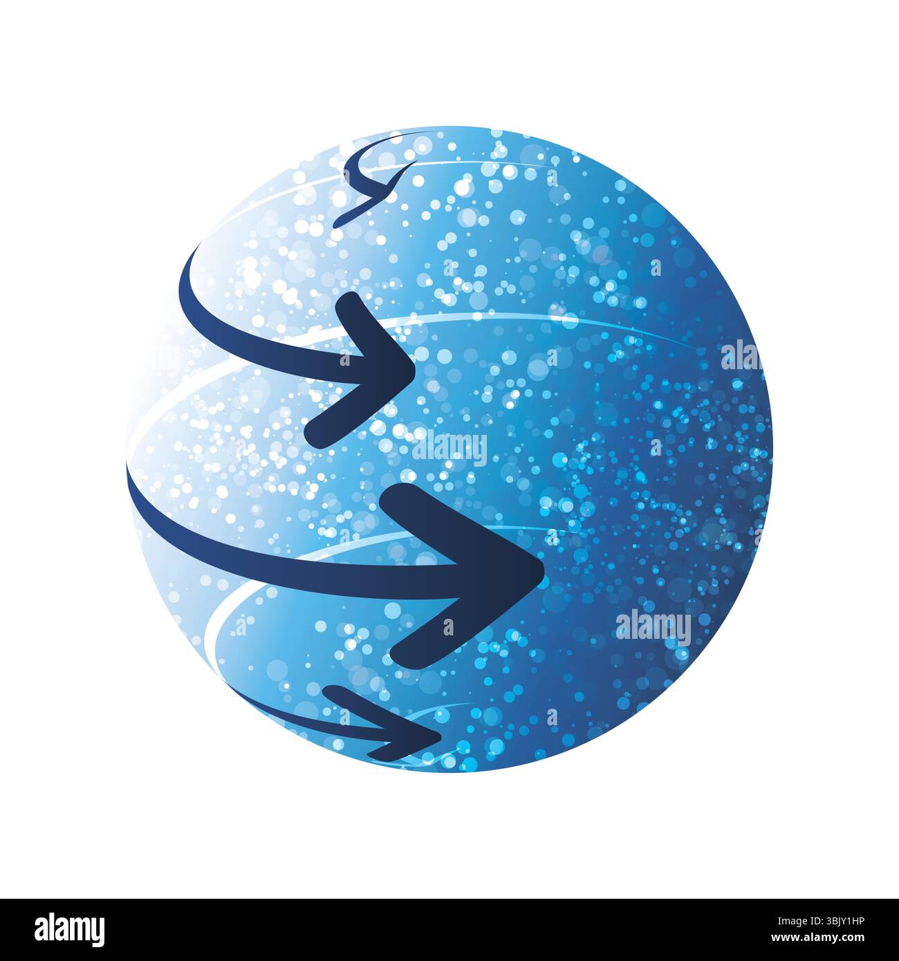 An abstract 3d glittering spinning sphere design with and directional arrows sweeping across its ...
