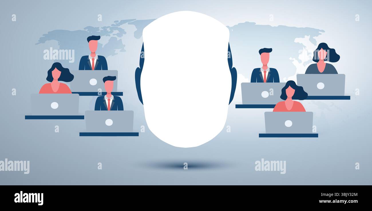 Conceptual illustration of AI supporting and overseeing remote workers ...