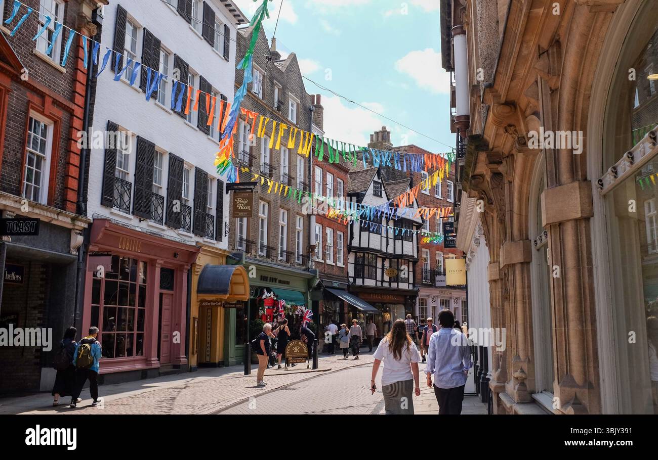 Cambridge UK June 2025 - Trinity Street with colourful bunting art ...