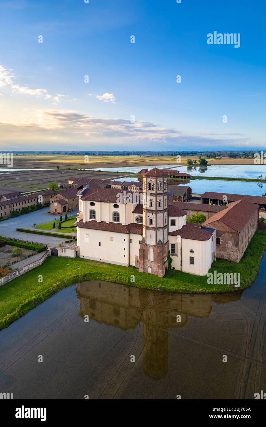 Aerial view of the flooded rice fields near the Principality of Lucedio ...