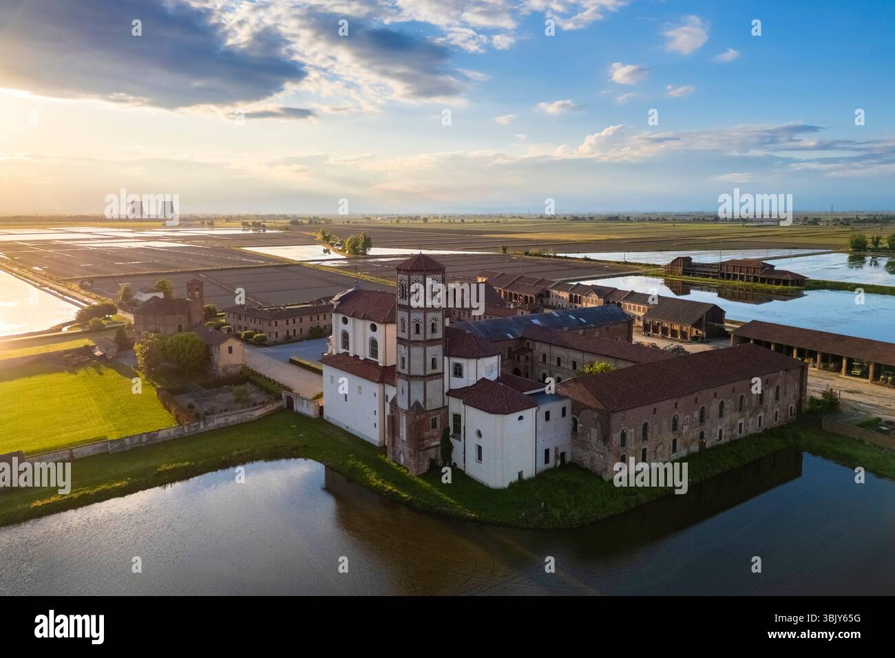 Aerial view of the flooded rice fields near the Principality of Lucedio ...