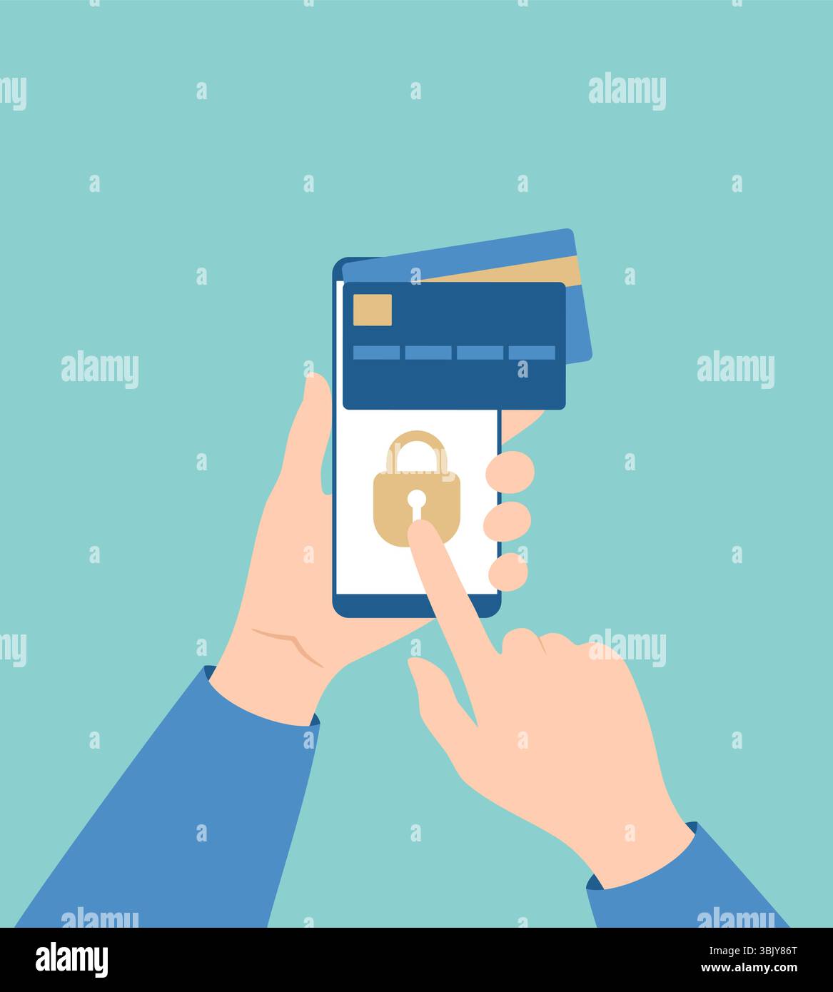 Hand holding smartphone with credit cards on it and pressing lock icon ...
