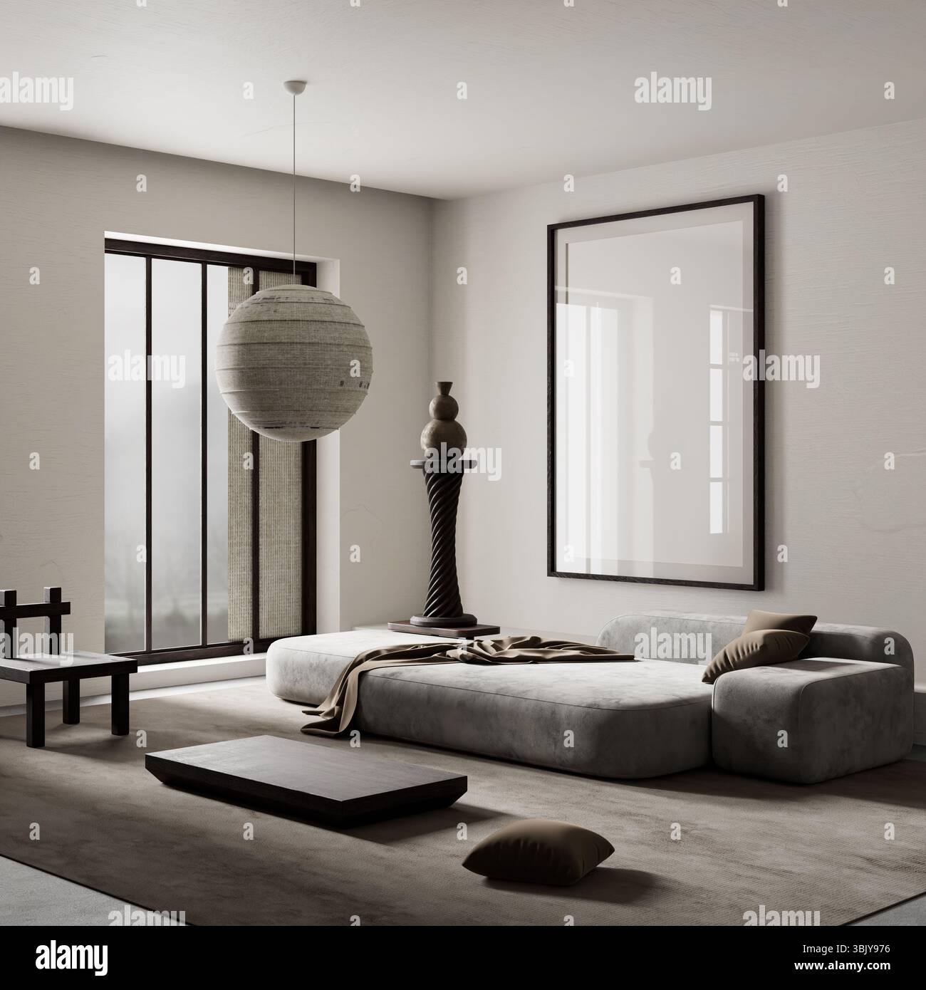 A serene and contemporary living room with soft textures, earthy tones ...