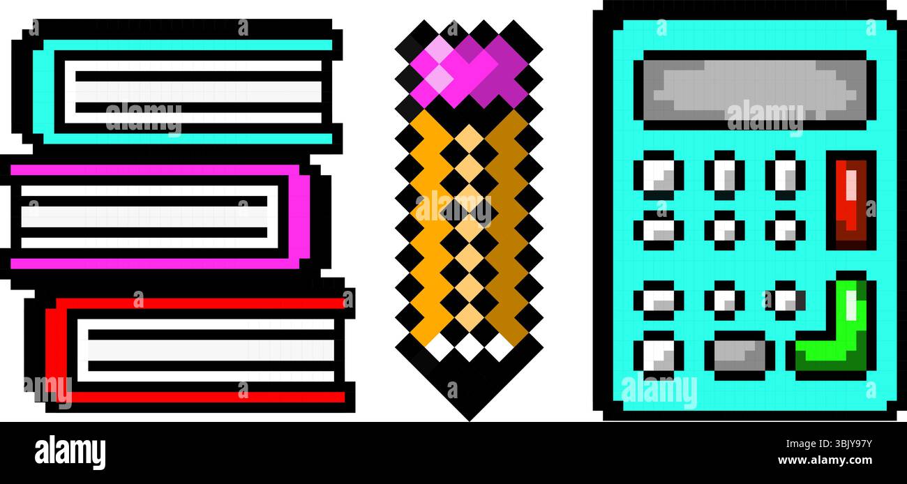 Pixel art stack of books calculator and pencil in school themed ...