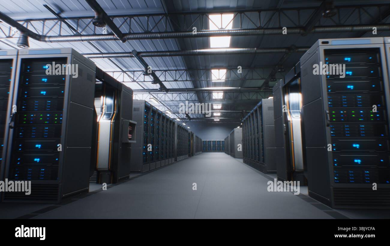 Modern Data Technology Center with Server Racks in Large Storage with ...