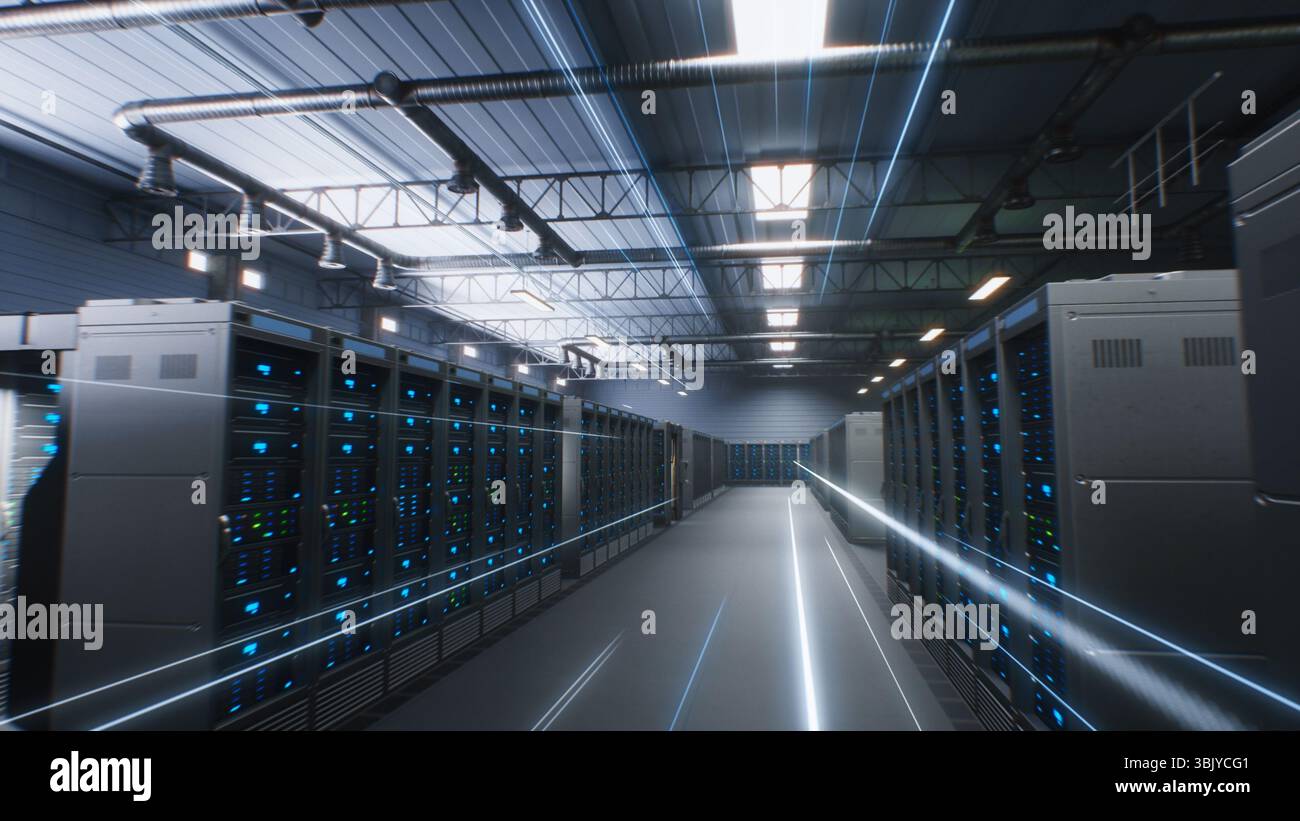 Modern Data Technology Center With Server Racks In Large Storage With Vfx Animation Animated
