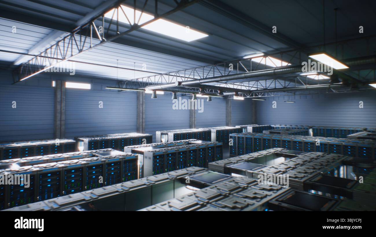 Modern Data Technology Center with Server Racks in Large Storage with ...