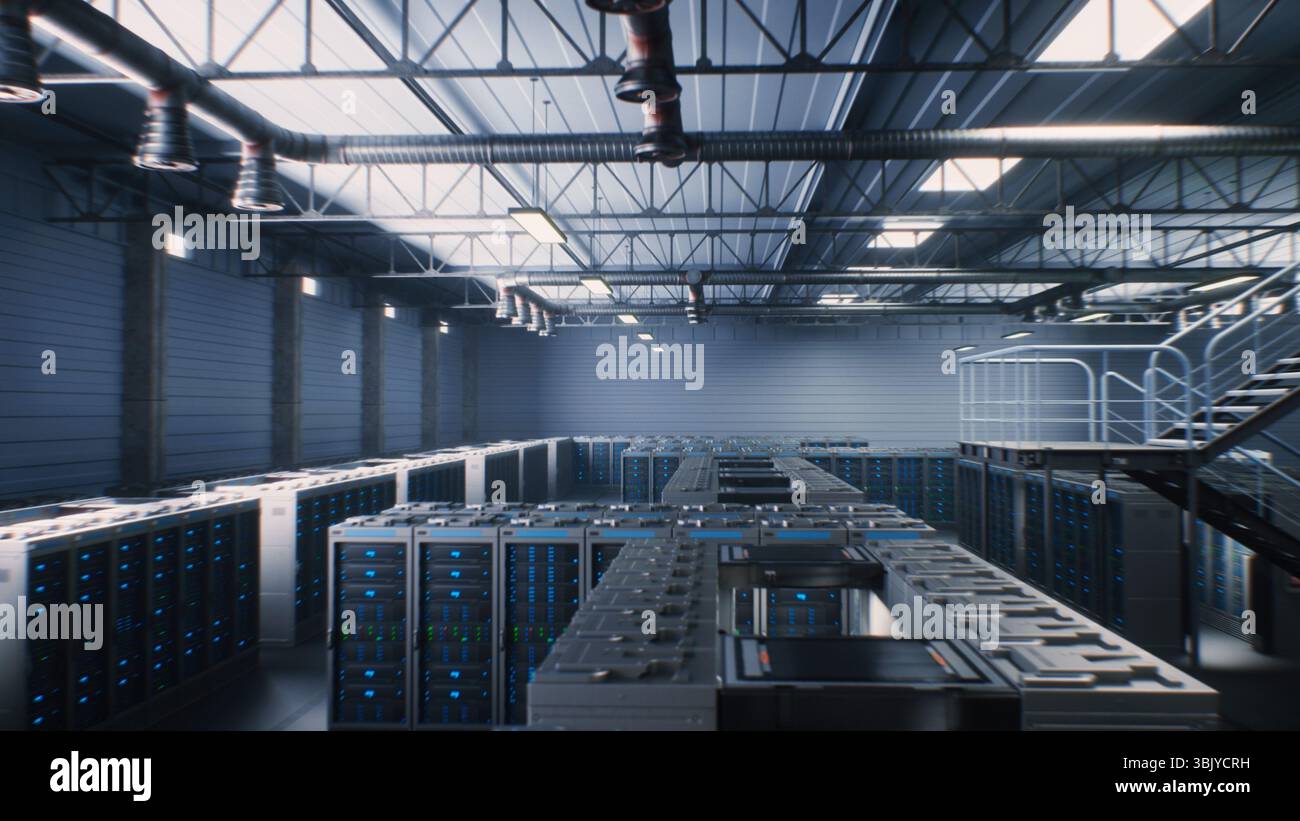 Futuristic Data Center with Server Racks in Big Warehouse. Animated ...