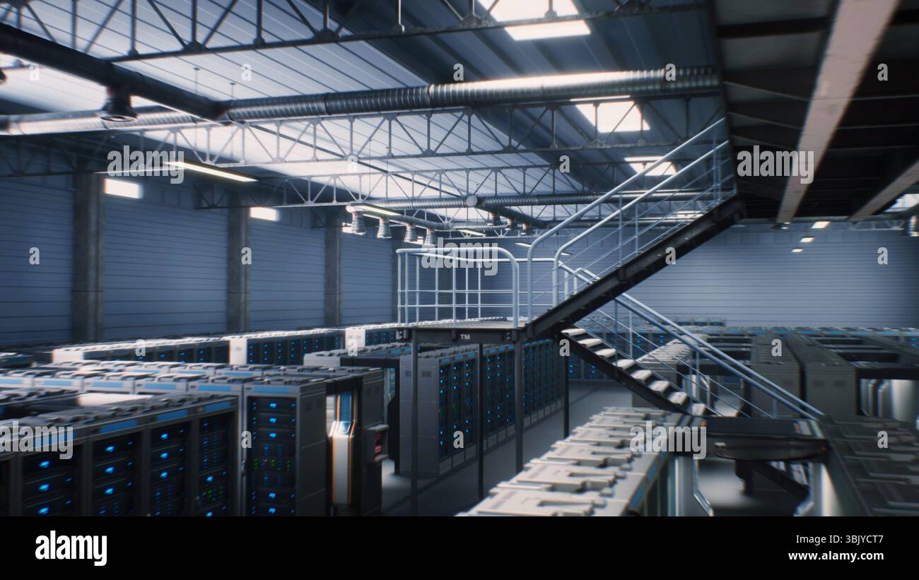 Futuristic Data Center With Server Racks In Big Warehouse Animated Visualization Of Internet