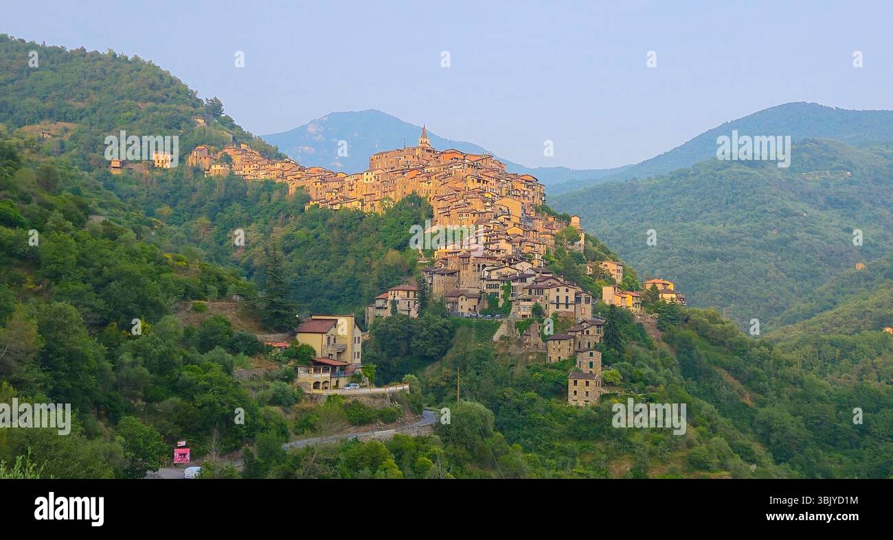 Apricale, Italy - June 17, 2025: Summer Vacation Atmosphere in ligurian Village Apricale, Italy ...