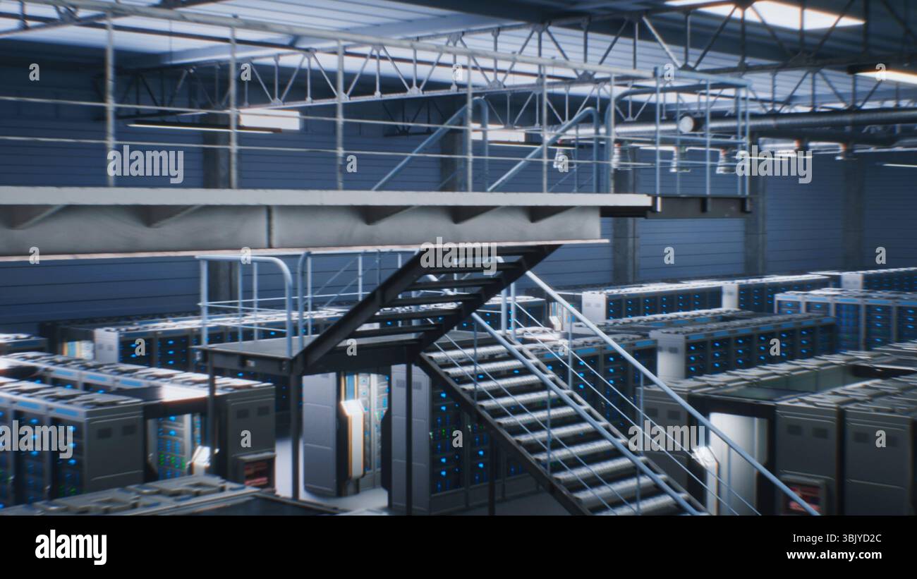 Futuristic Data Center with Server Racks in Big Warehouse. Animated ...