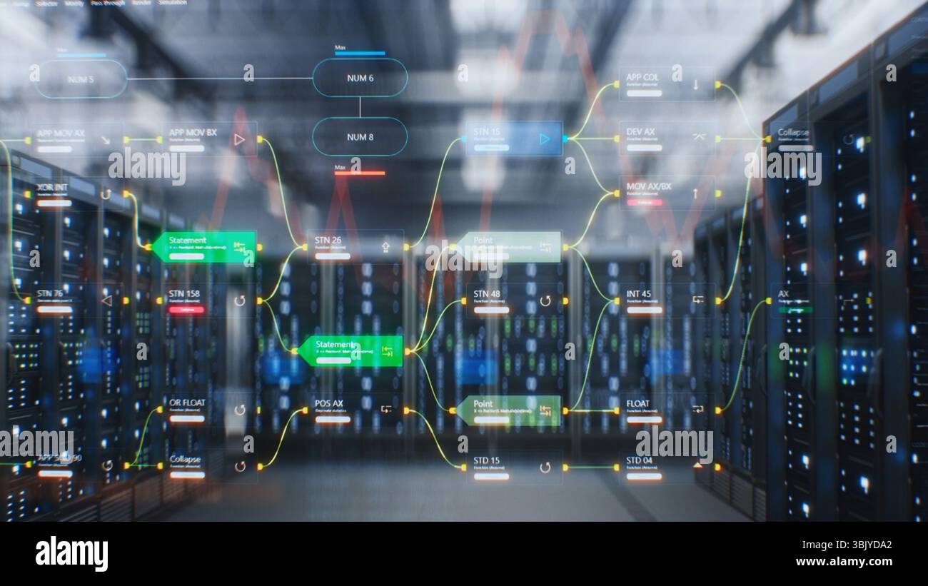 Modern Data Technology Center with Server Racks in Big Storage with VFX ...