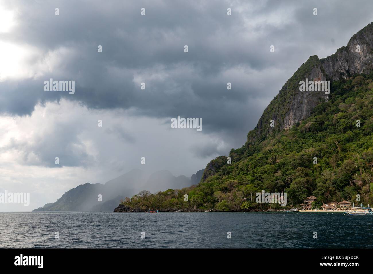 A view of a tropical island with a rocky cliff face covered in trees ...