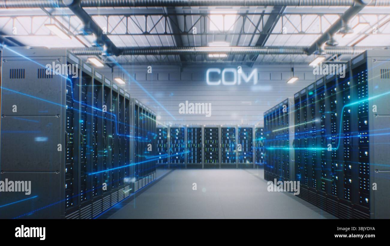 Modern Data Technology Center with Server Racks in Big Storage with VFX ...