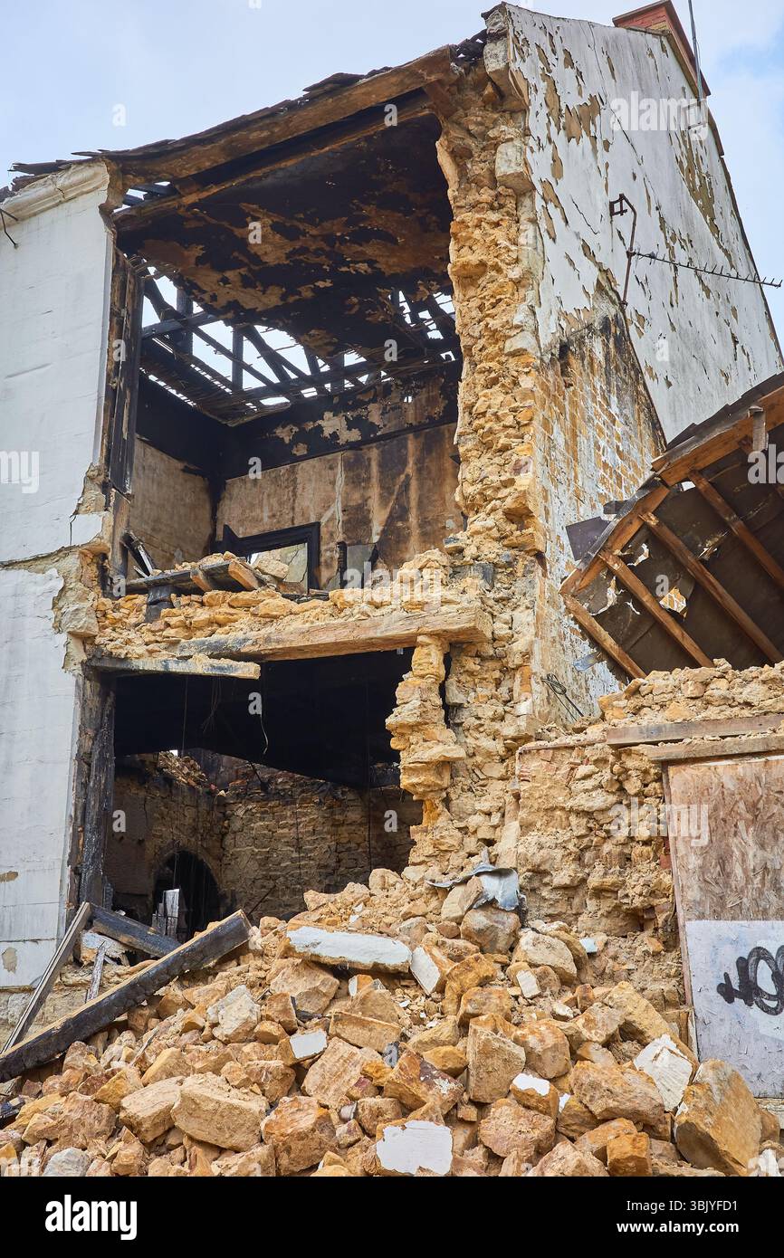 Partially collapsed building due to fire at the disused ex-servicemen's ...