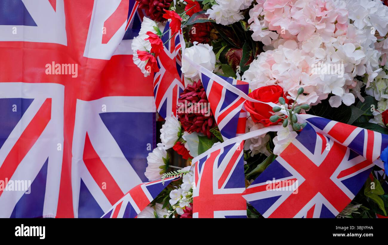 Union Jack flags decorating a flower arrangement in Cambridge, UK Stock ...