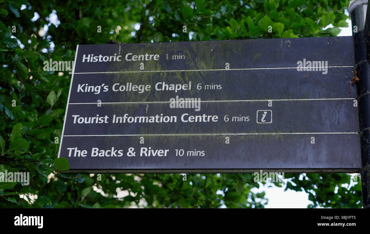 Close up of a tourist sign in Cambridge, displaying walking times to ...