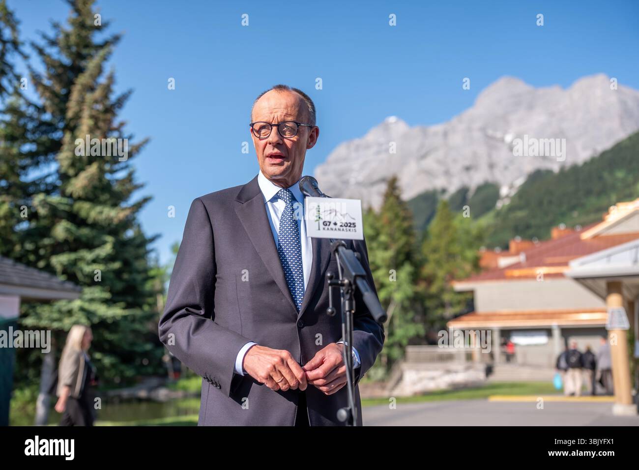 Kananaskis, Canada. 16th June, 2025. German Chancellor Friedrich Merz (CDU) speaks at the press ...
