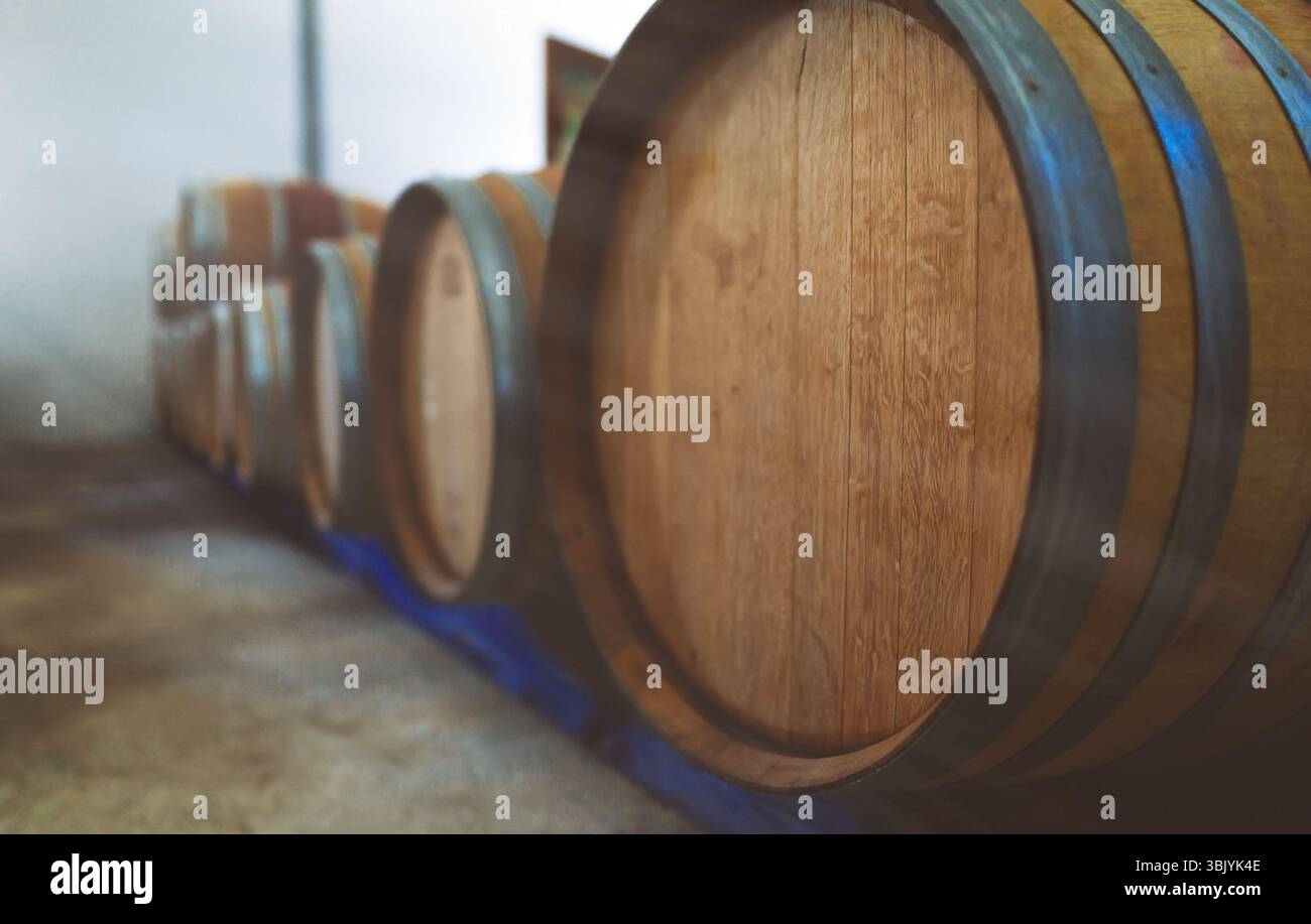 Wine barrels stacked in the cellar Stock Photo - Alamy