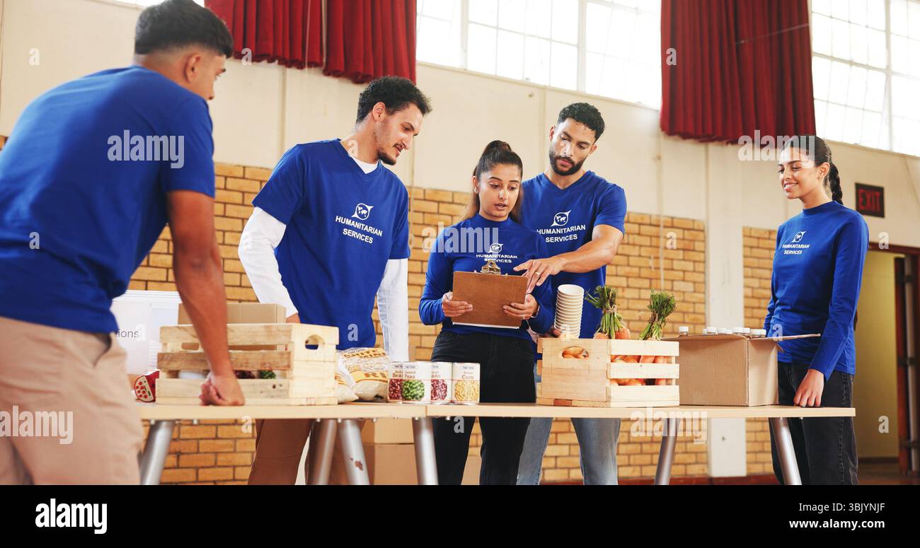 Help, clipboard and charity with people and food for teamwork, donation ...