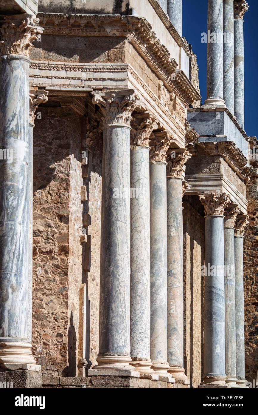 The Roman theater stage in Merida features stunning columns that ...
