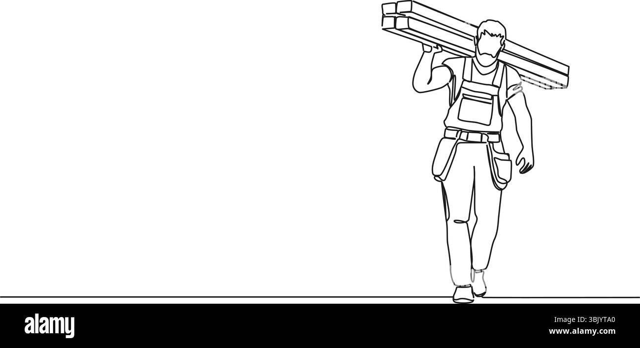 continuous single line drawing of carpenter carrying wooden beams, line ...