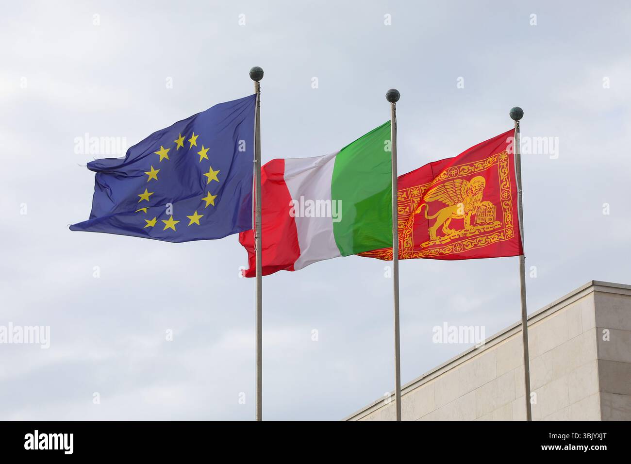 Venezia, VE, Italy - May 6, 2025: Three Large Flags European Union Blue ...