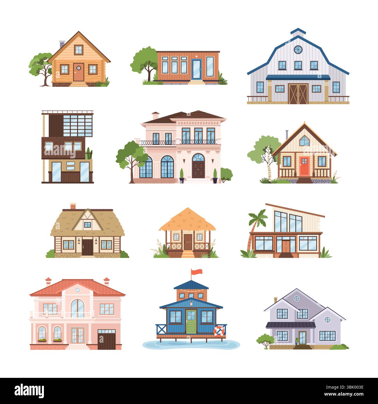 Set of suburban buildings in flat style. Vector Stock Vector Image ...