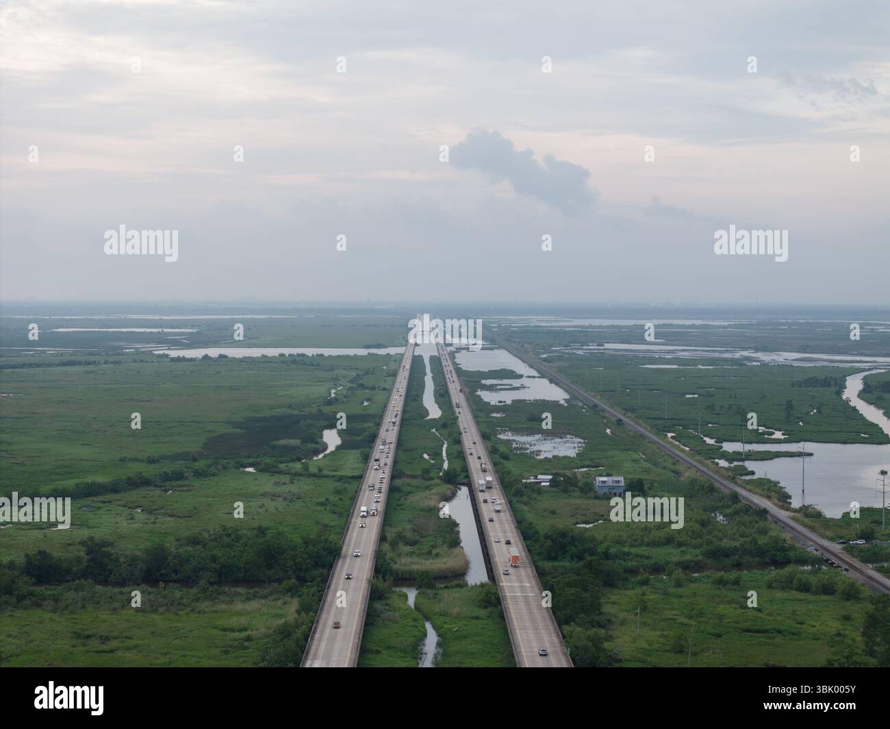 Aerial view of I-10 Bonnet Carré Spillway Bridge crossing Louisiana ...