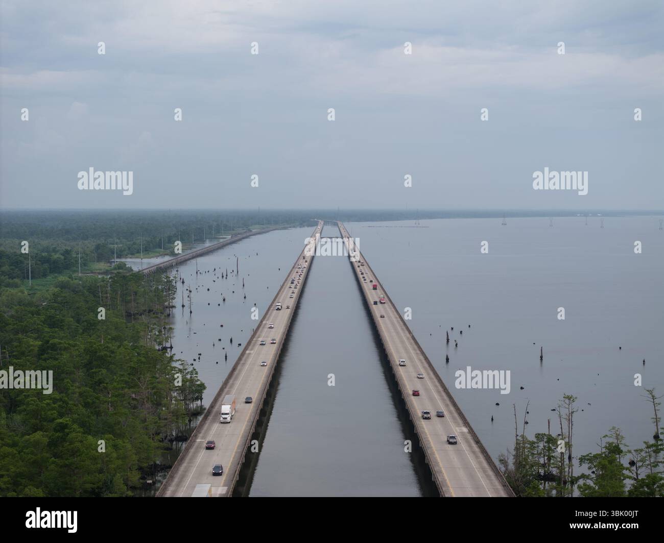 Aerial view of I-10 Bonnet Carré Spillway Bridge crossing Louisiana ...
